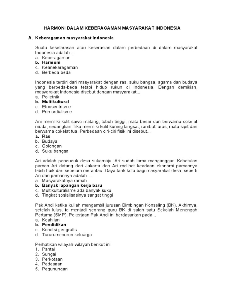 Soal Ulangan Harmoni Dalam Keberagaman Masyarakat Indonesia | PDF Soal Ulangan Harmoni Dalam Keberagaman Masyarakat Indonesia | PDF