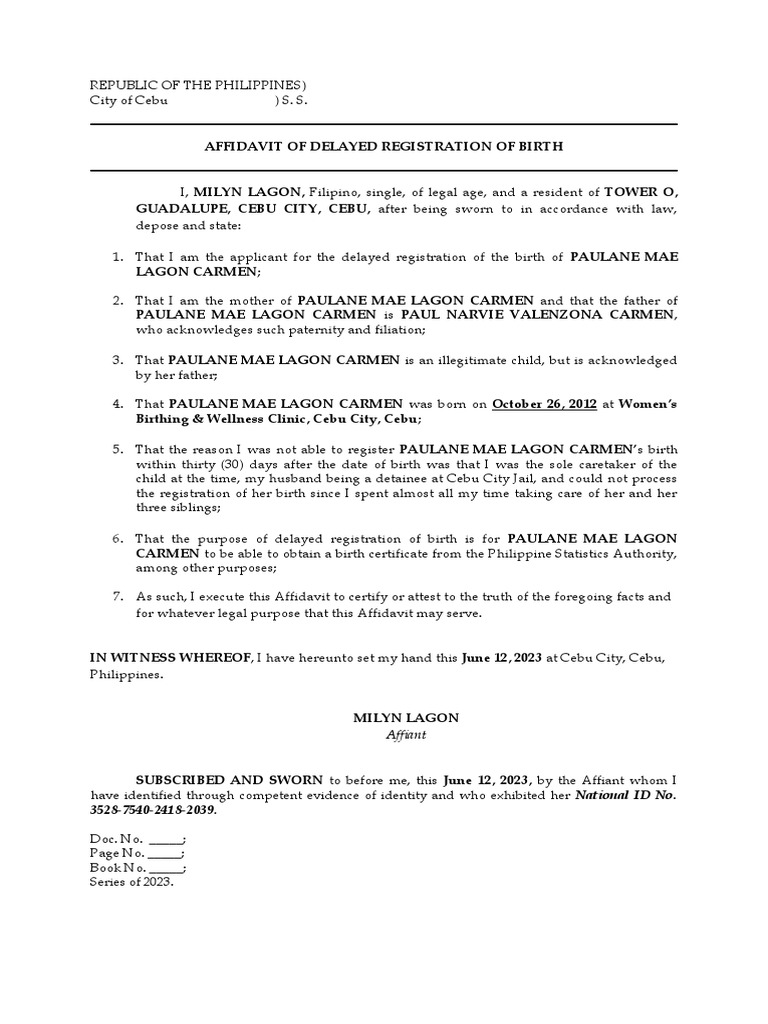Milyn Lagon (Affidavit of Delayed Registration of Birth) | PDF