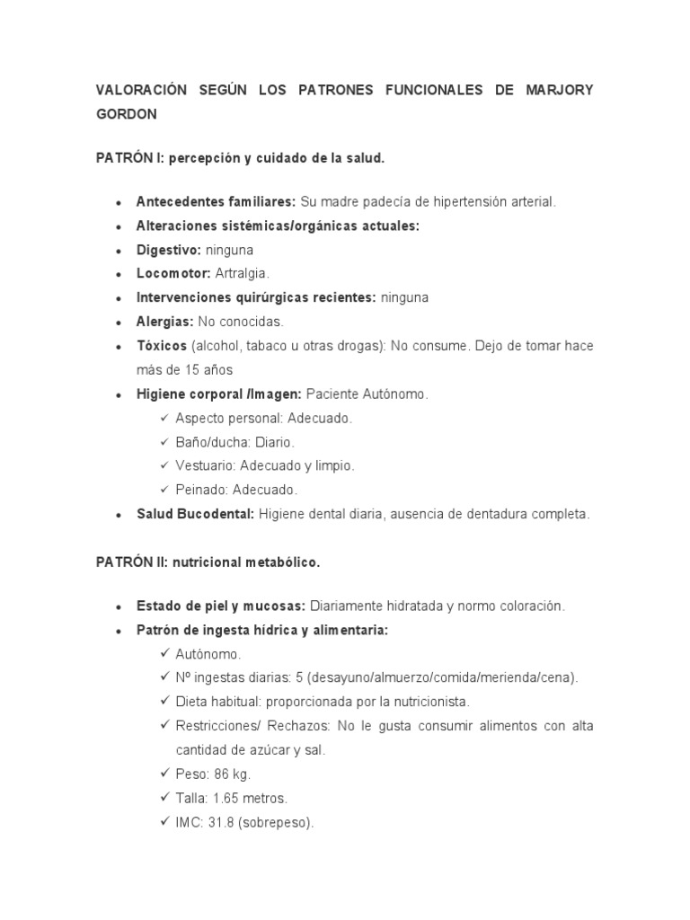 VALORACIÓN SEGÚN LOS PATRONES FUNCIONALES DE MARJORY GORDON | PDF | Dormir | Dieta
