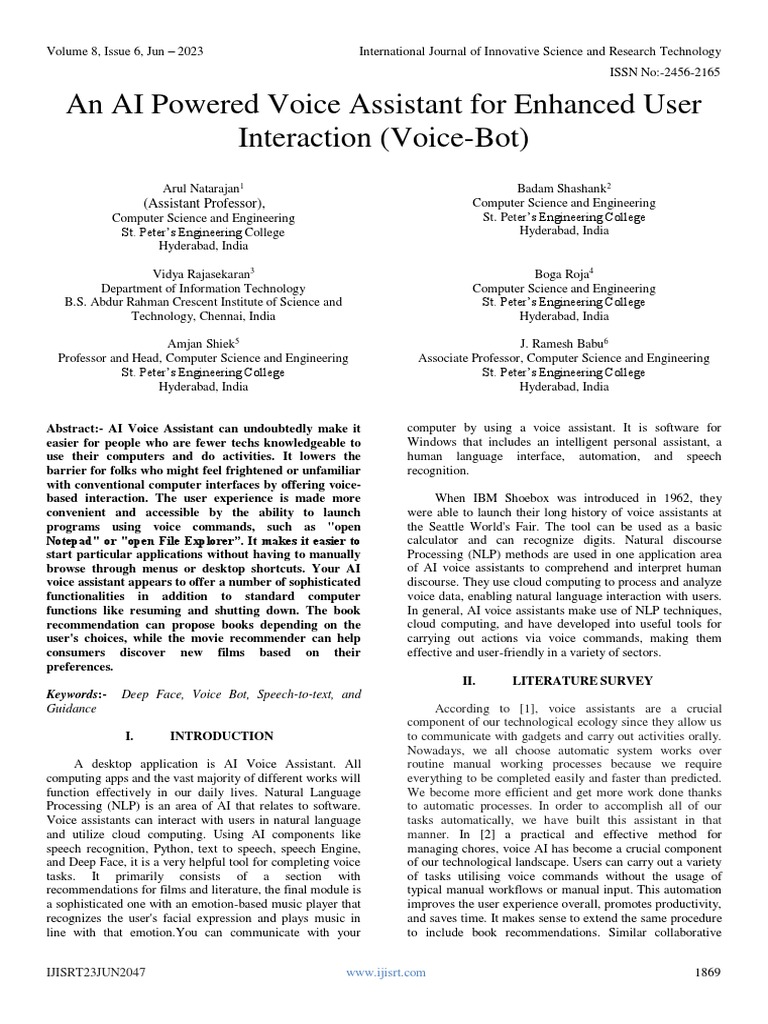 An AI Powered Voice Assistant for Enhanced User Interaction (Voice-Bot) | PDF | Speech ...
