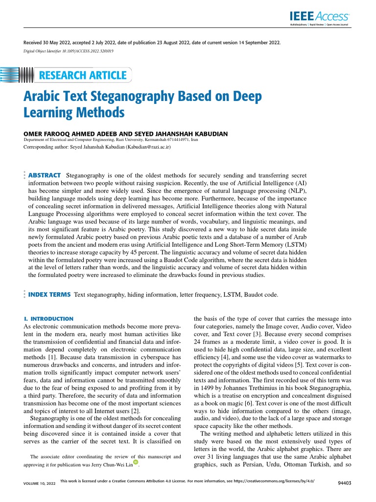 Arabic Text Steganography Based On Deep Learning Methods | PDF ...