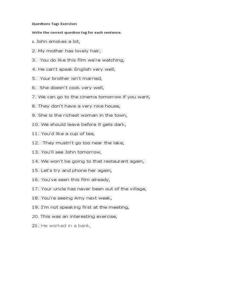 Questions Tags Exercises | PDF