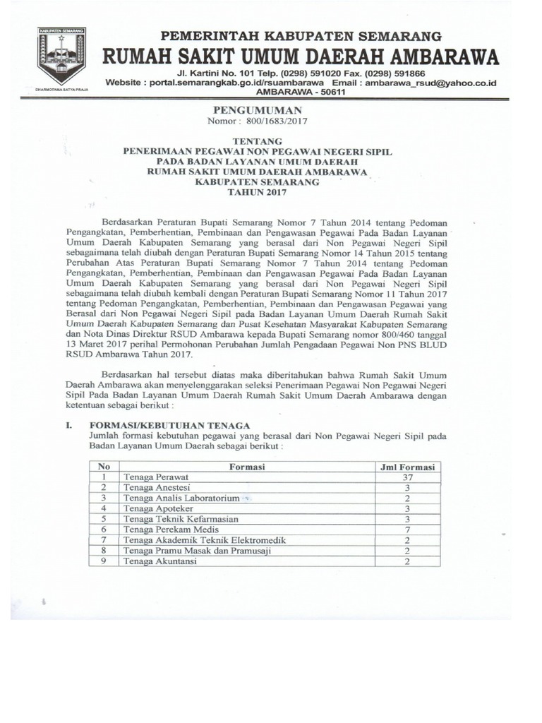Pengumuman Penerimaan Pegawai NonPNS RSUD Ambarawa | PDF Pengumuman Penerimaan Pegawai NonPNS RSUD Ambarawa | PDF