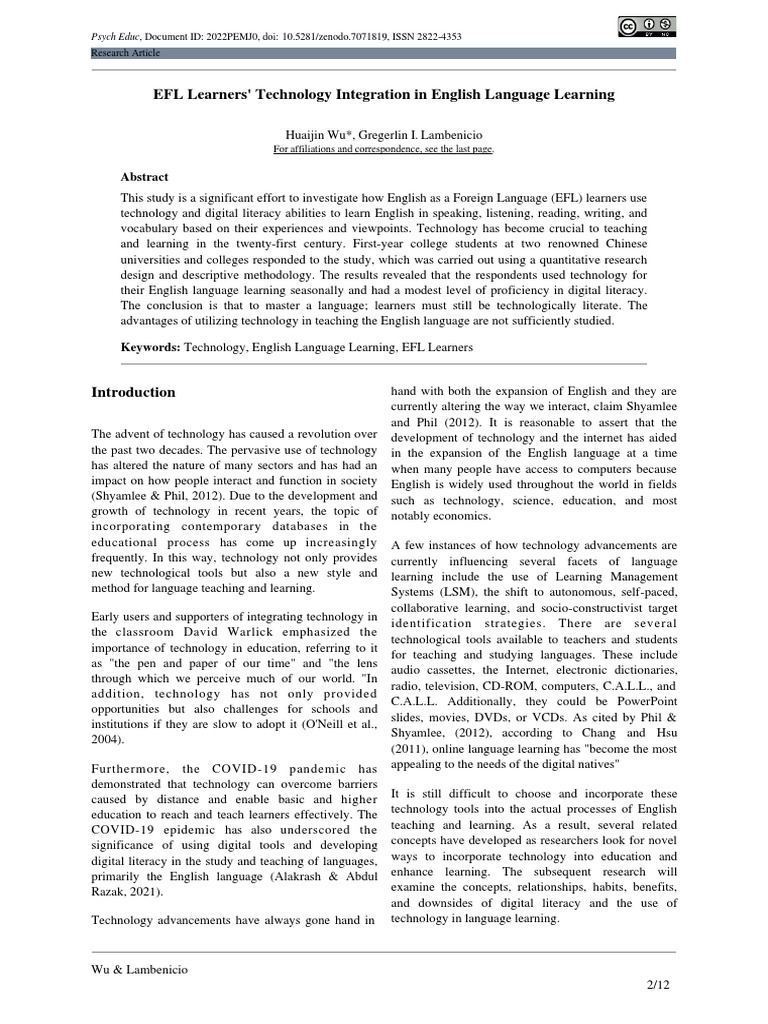 Learners' Technology Integration in English Language Learning | PDF ...