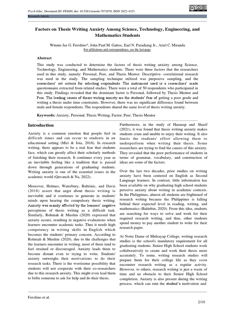 Factors On Thesis Writing Anxiety Among Science, Technology, Engineering, and Mathematics ...