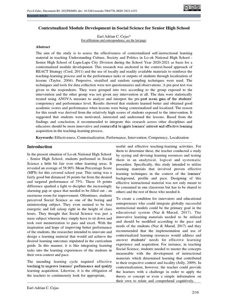 Contextualized Module Development in Social Science For Senior High School | PDF ...