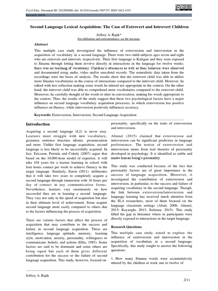Extroversion vs. Introversion in L2 Vocabulary | PDF | Second Language Acquisition ...