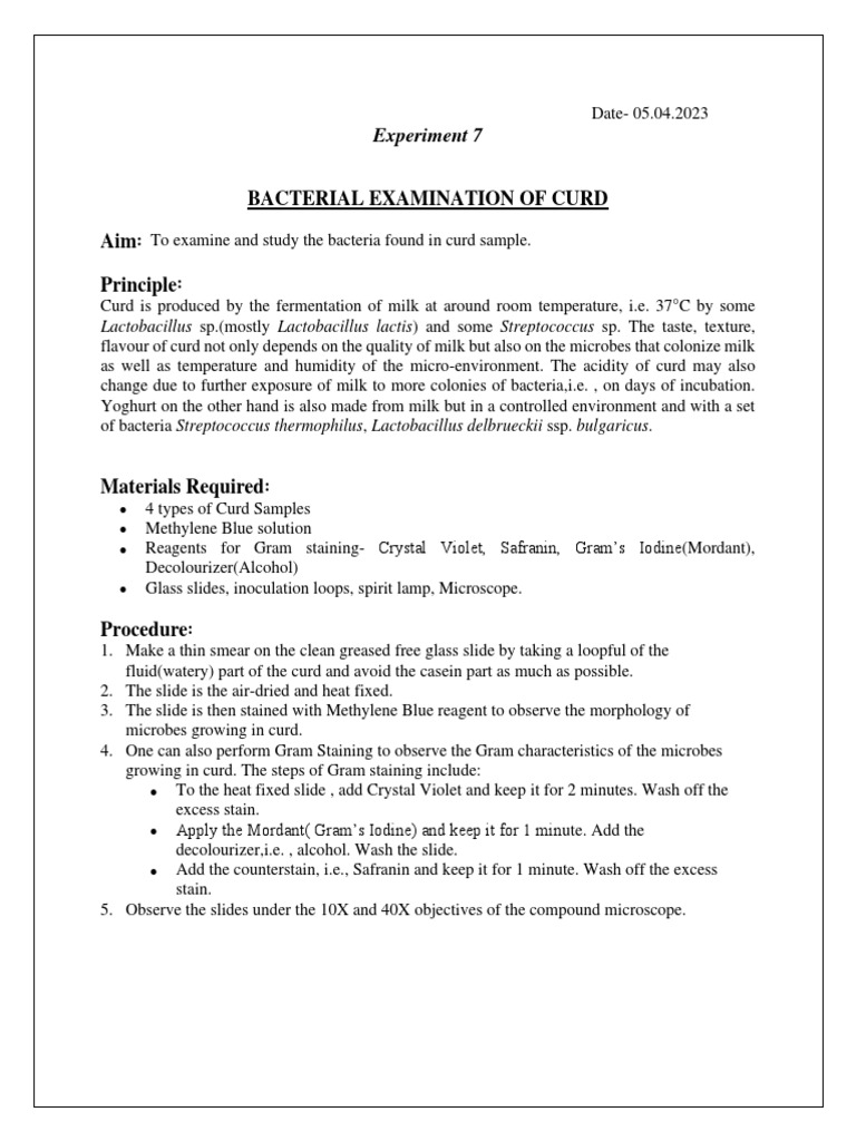 Bacterial Examination of Curd | PDF