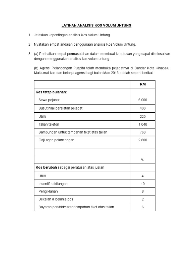 Latihan Analisis Kos Volum Untung | PDF
