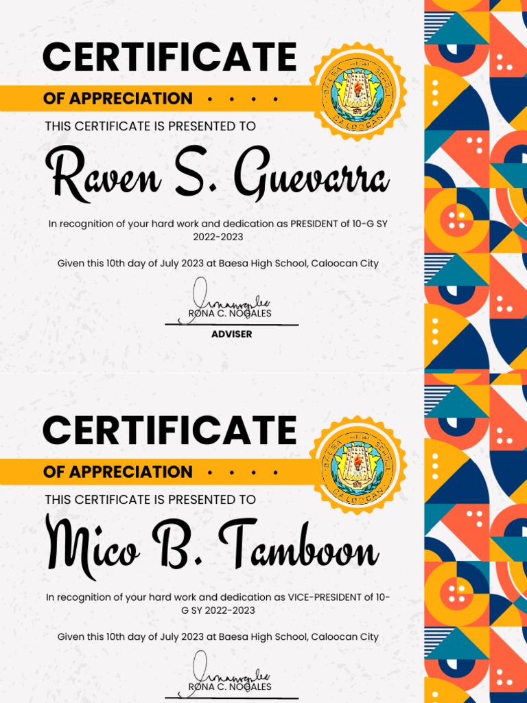 Certificates of Appreciation for 10-G Officers | PDF