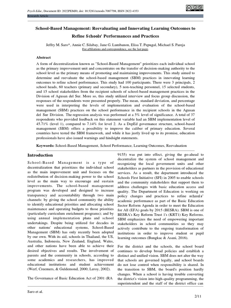 School-Based Management: Reevaluating and Innovating Learning Outcomes ...