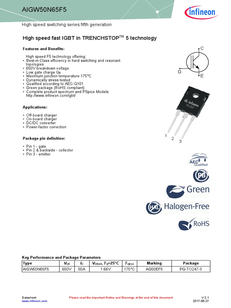 Infineon AIGW50N65F5 DS v02 - 01 EN | PDF | Physical Quantities | Manufactured Goods