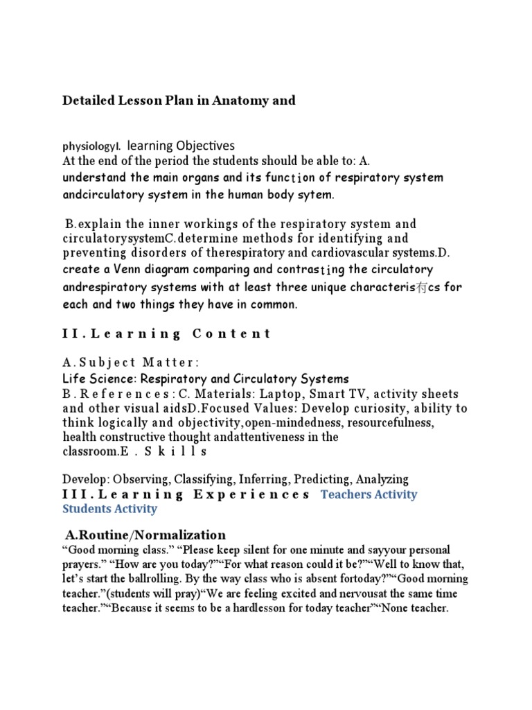 Detailed Lesson Plan in Anatomy and Physiologyi | PDF