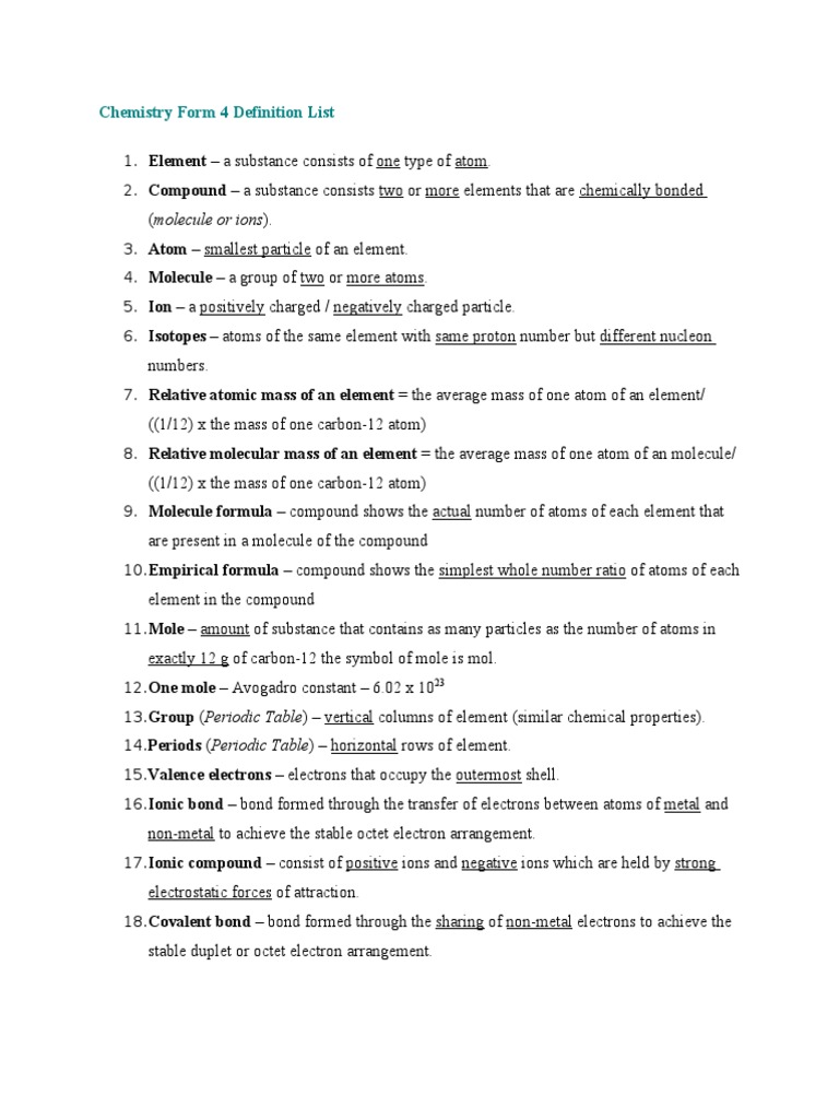 Chemistry Form 4 Definitions | PDF