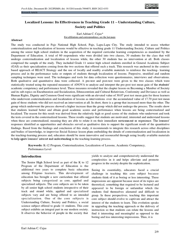 Localized Lessons: Its Effectiveness in Teaching Grade 11 - Understanding Culture, Society and ...