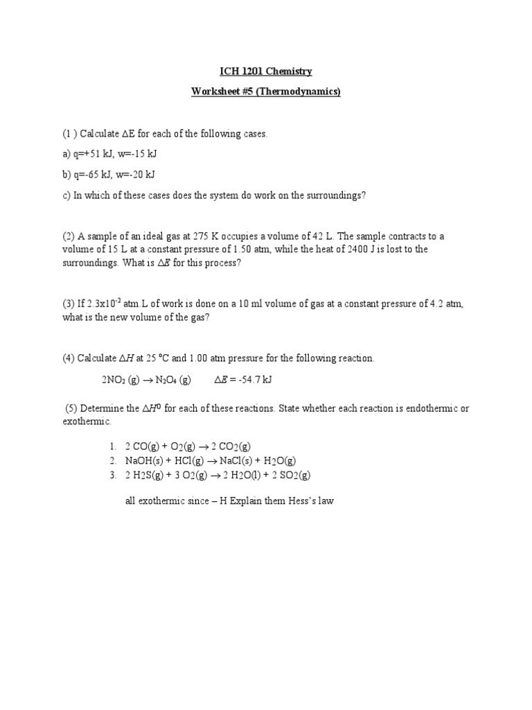 Worksheet 5 - Thermodynamics | PDF