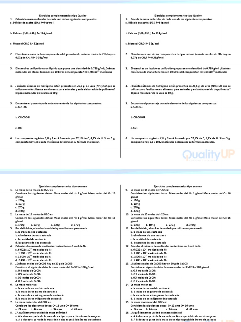 Ejercicios de Química: Masa Molecular y Moles | PDF
