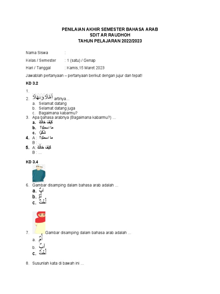 Penilaian Akhir Semester Bahasa Arab | PDF