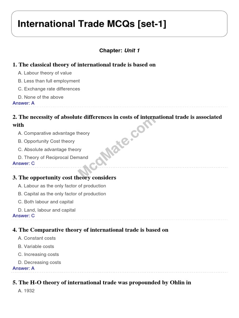 International Trade (Chapter - Unit 1) Solved MCQs (Set-1) | PDF | Comparative Advantage ...