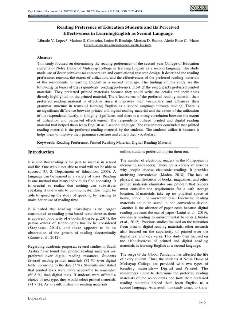Reading Preference of Education Students and Its Perceived ...