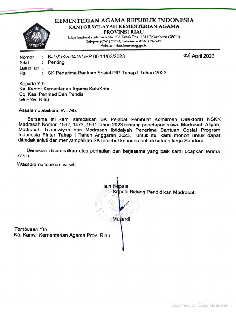 Surat pengantar SK PIP 2023 | PDF