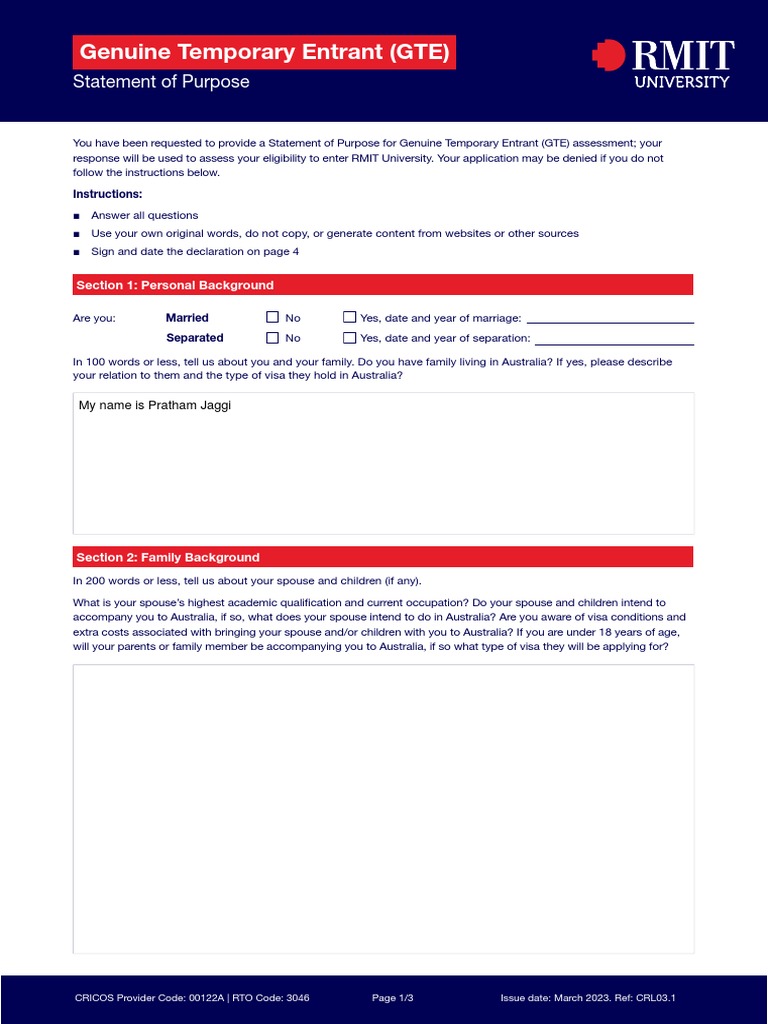 RMIT GTE Statement of Purpose - March 2023 | PDF