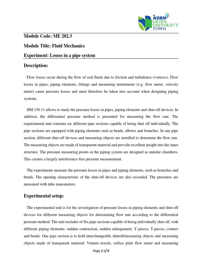 Pipe Flow Losses Experiment HM 150.11 | PDF | Flow Measurement ...