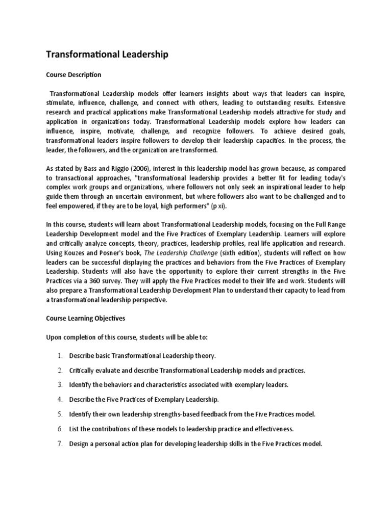 Course Outline in Transformational Leadership | PDF | Leadership ...