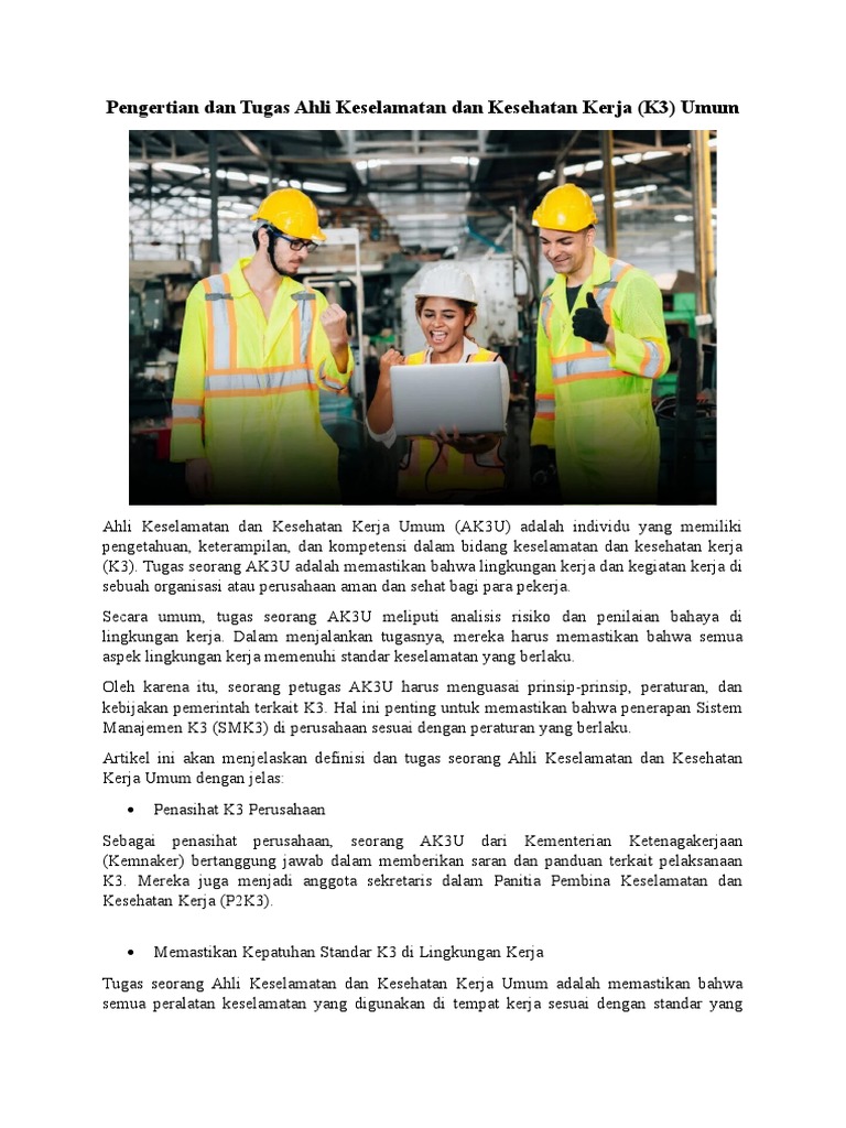 Pengertian Dan Tugas Ahli Keselamatan Dan Kesehatan Kerja (K3) Umum | PDF