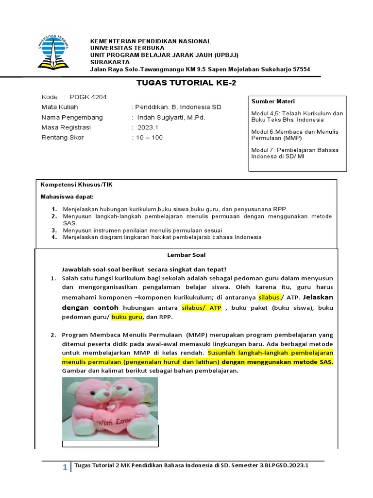 Tugas Tutorial 2..bi.2021. 2.pendidikan Bahasa Ind Di SD | PDF | Karier & Perkembangan | Seni ...