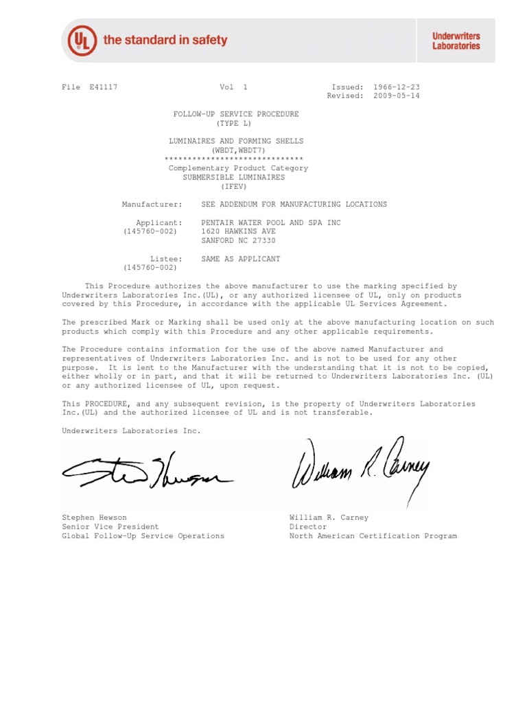 UL Certification Lights - Nich - Light Certificate | PDF