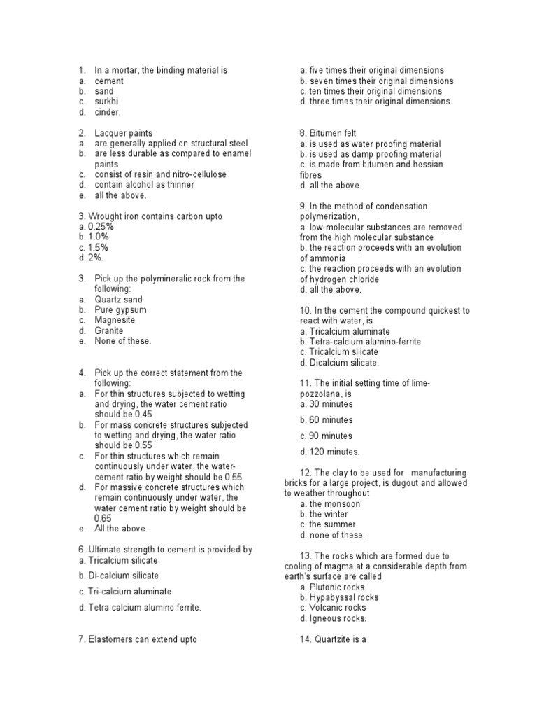 Building Material MCQ | PDF | Rock (Geology) | Cement