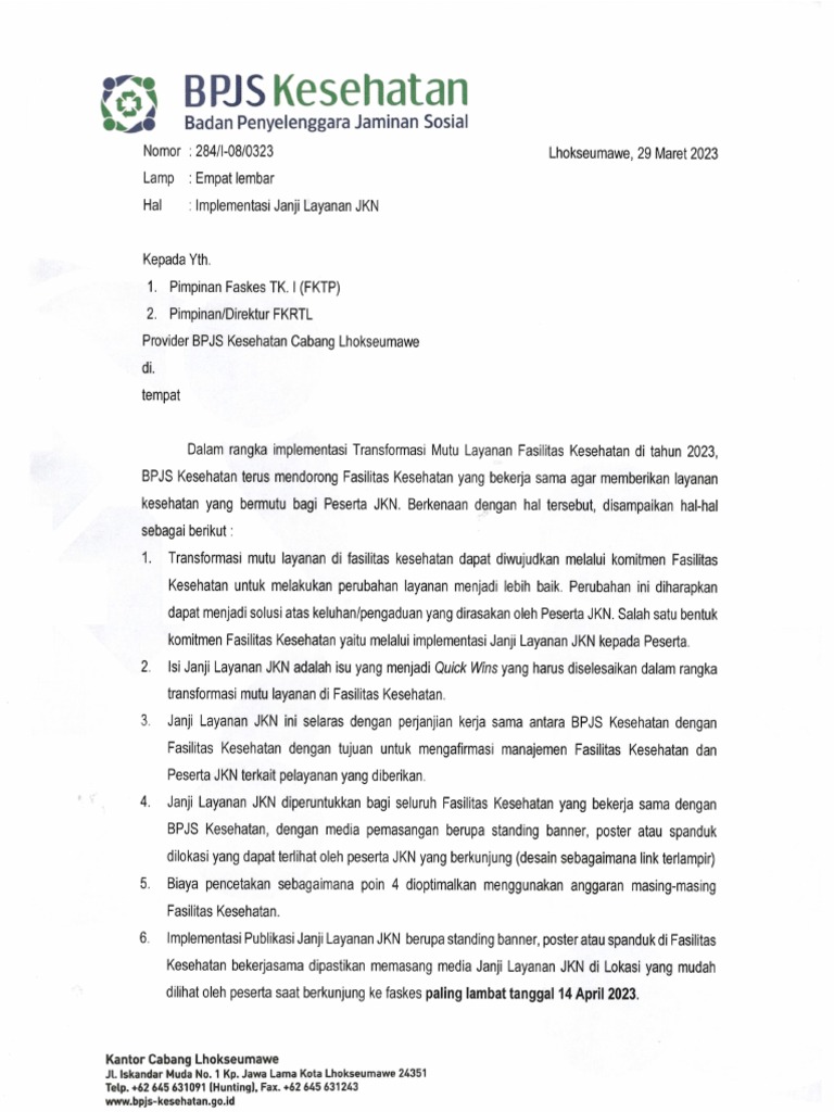 Surat Implementasi Janji Layanan JKN | PDF