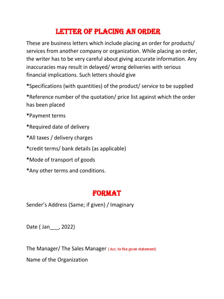 Letter Placing Order Pdf