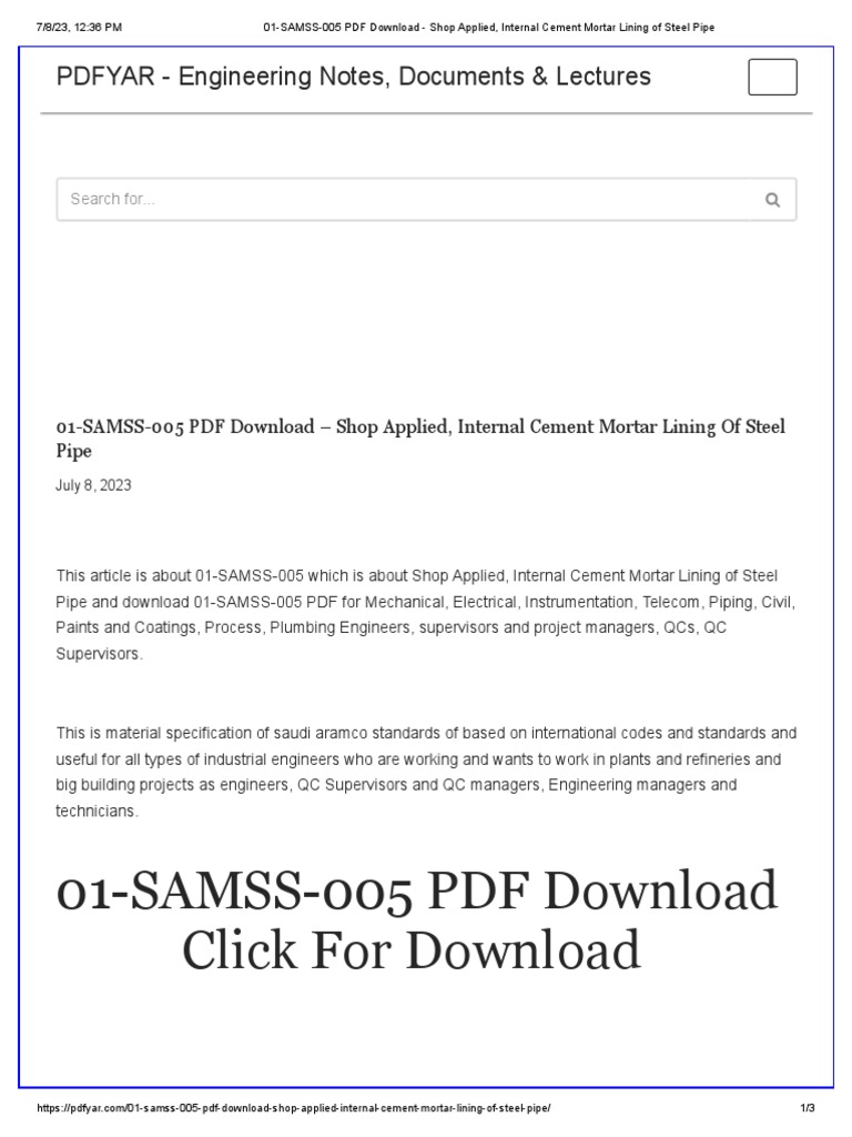 01-SAMSS-005 PDF Download - Shop Applied, Internal Cement Mortar Lining ...
