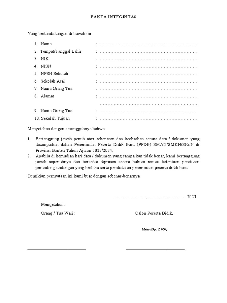 Pakta Integritas PPDB 2023 | PDF