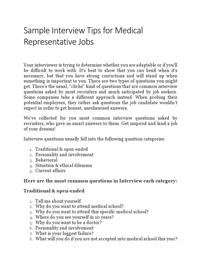 Sample Interview Tips For Medical Representative Jobs | PDF
