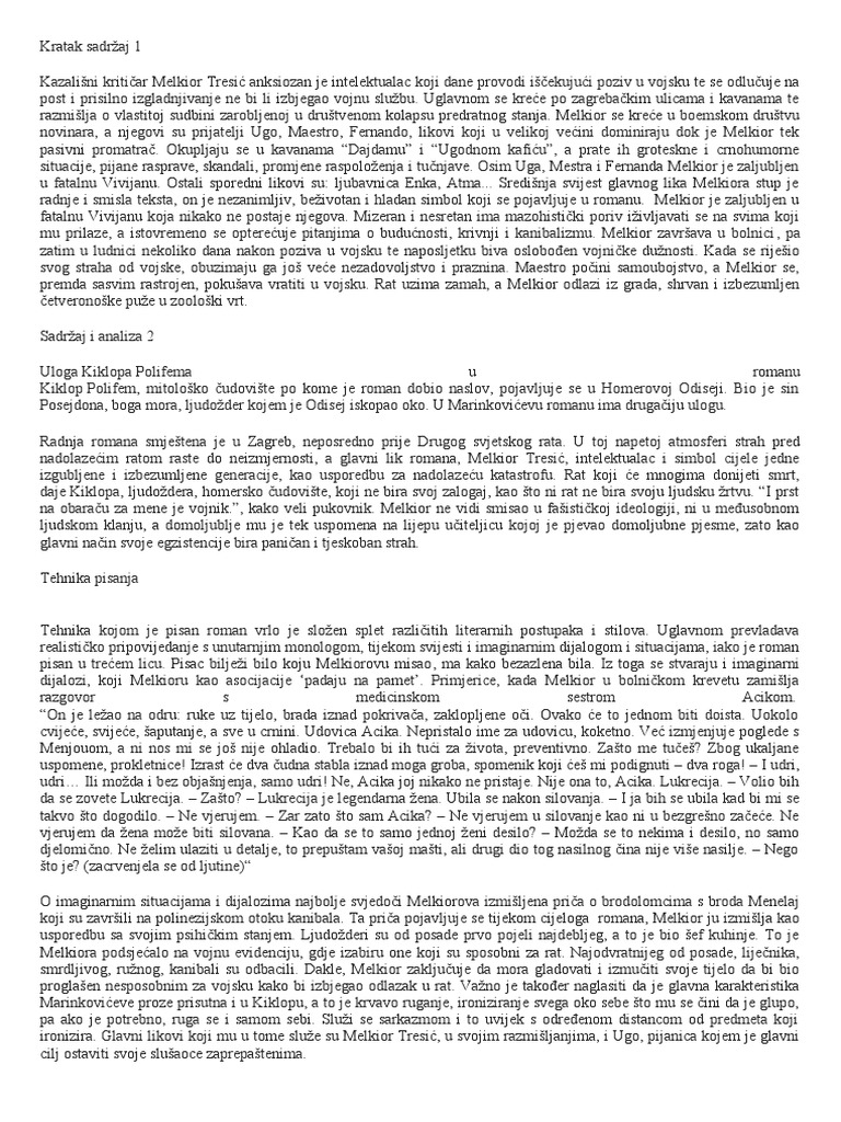 Kiklop, Kratki Sadržaji I Moje Bilješke | PDF