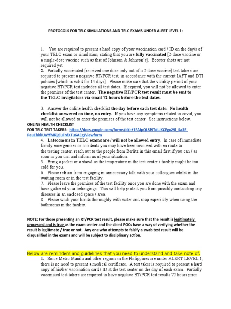 11 Protocols For Telc Simulations And Telc Exams Under Alert Level 1