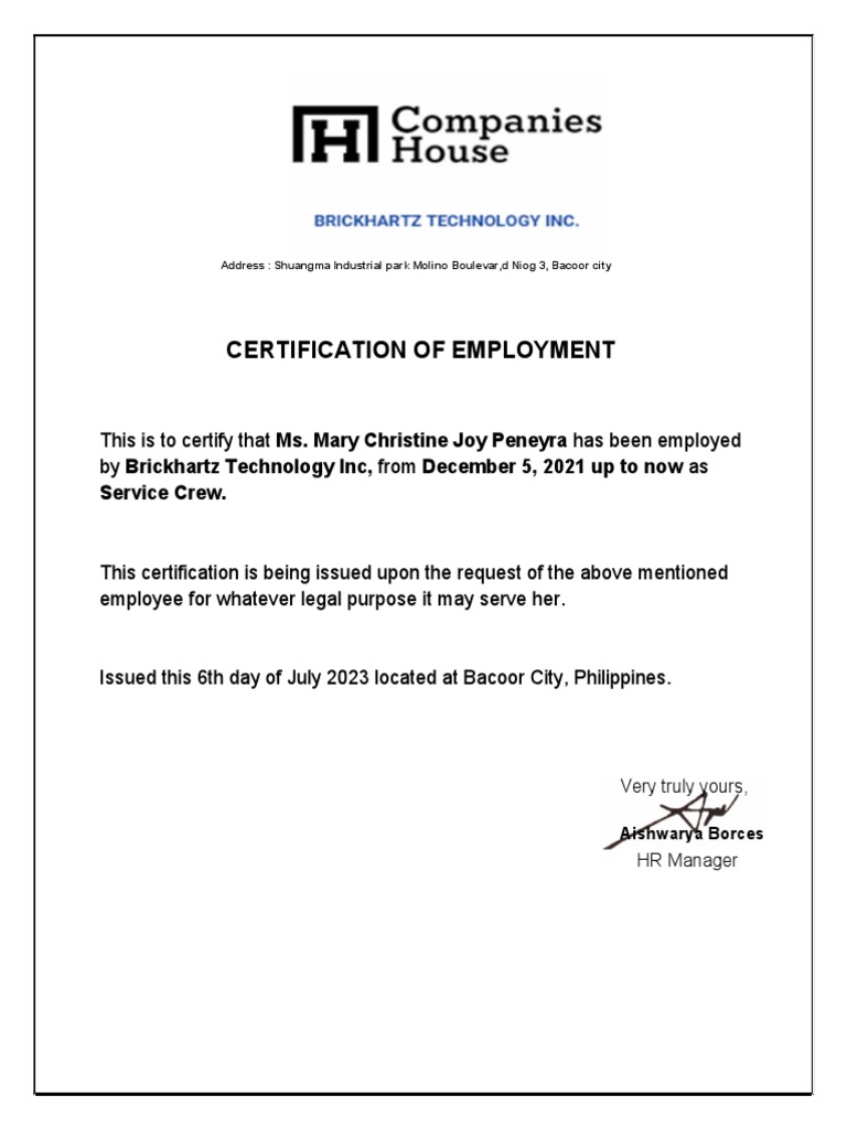 Certification of Employment: Address: Shuangma Industrial Park Molino ...