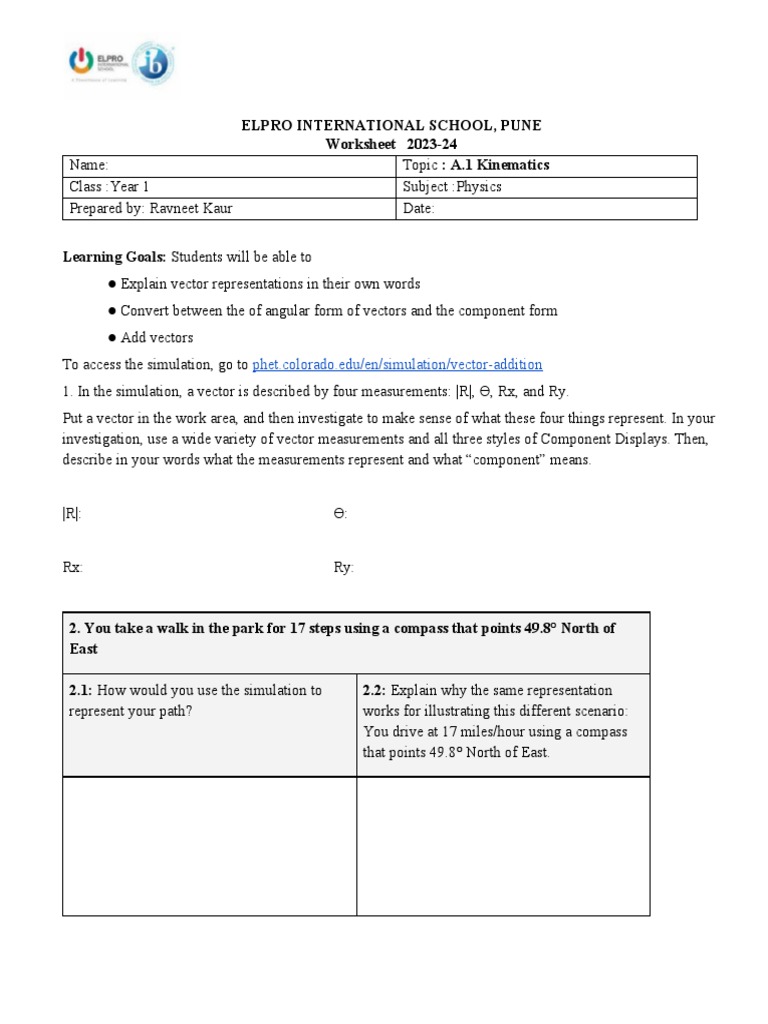 PhET Vector Lab-Worksheet 1 | PDF