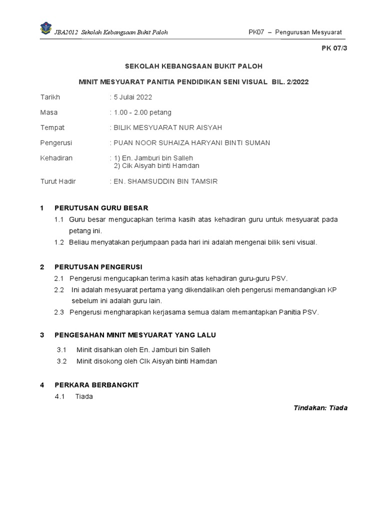 Minit Mesyuarat PSV Bil 2 - 2022 | PDF