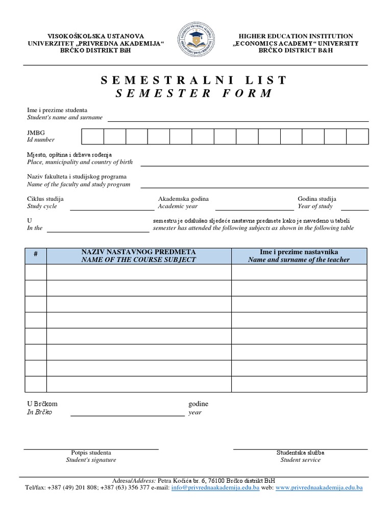 Semestralni list - UPA - obrazac v.3.1. (1) | PDF