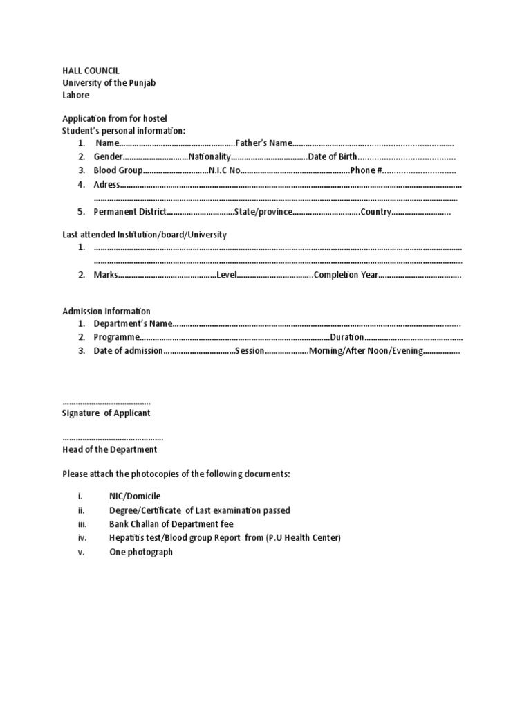 Sample Hostel Application Form | PDF
