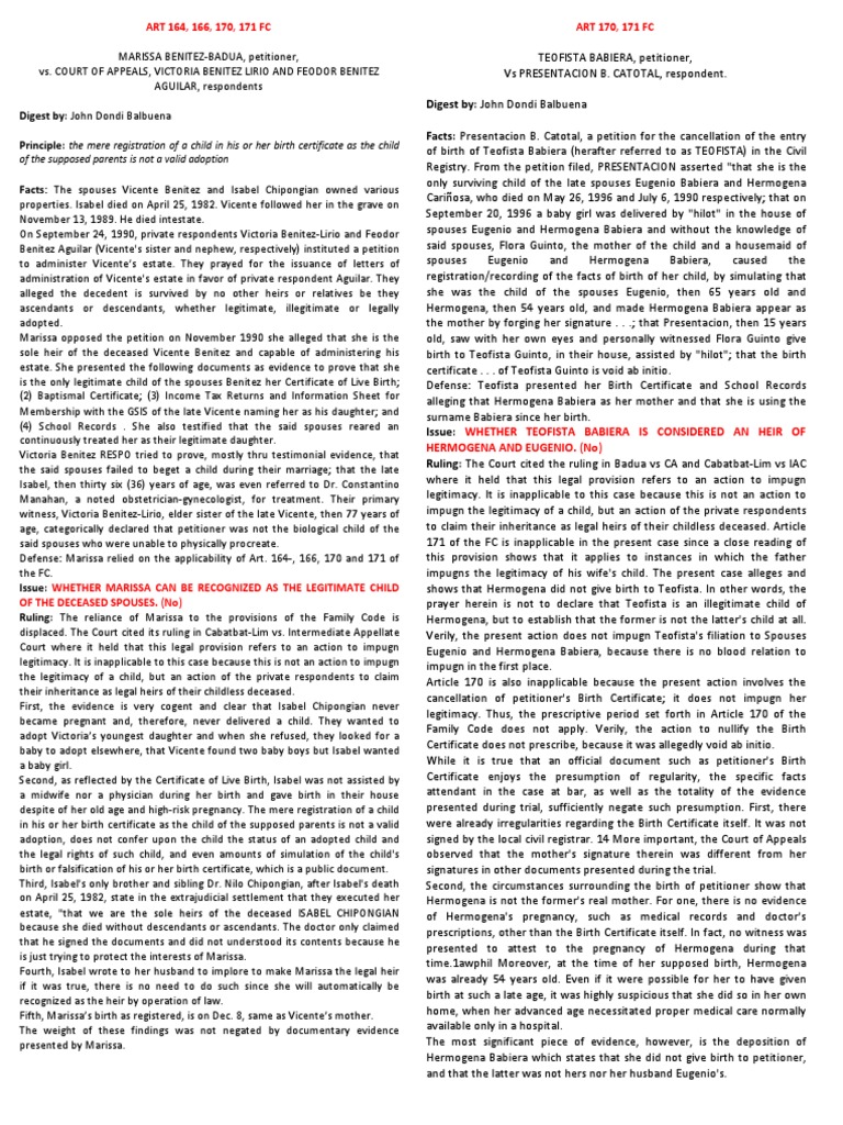 Persons Digest Family Code Finals | PDF | Legitimacy (Family Law) | Birth Certificate