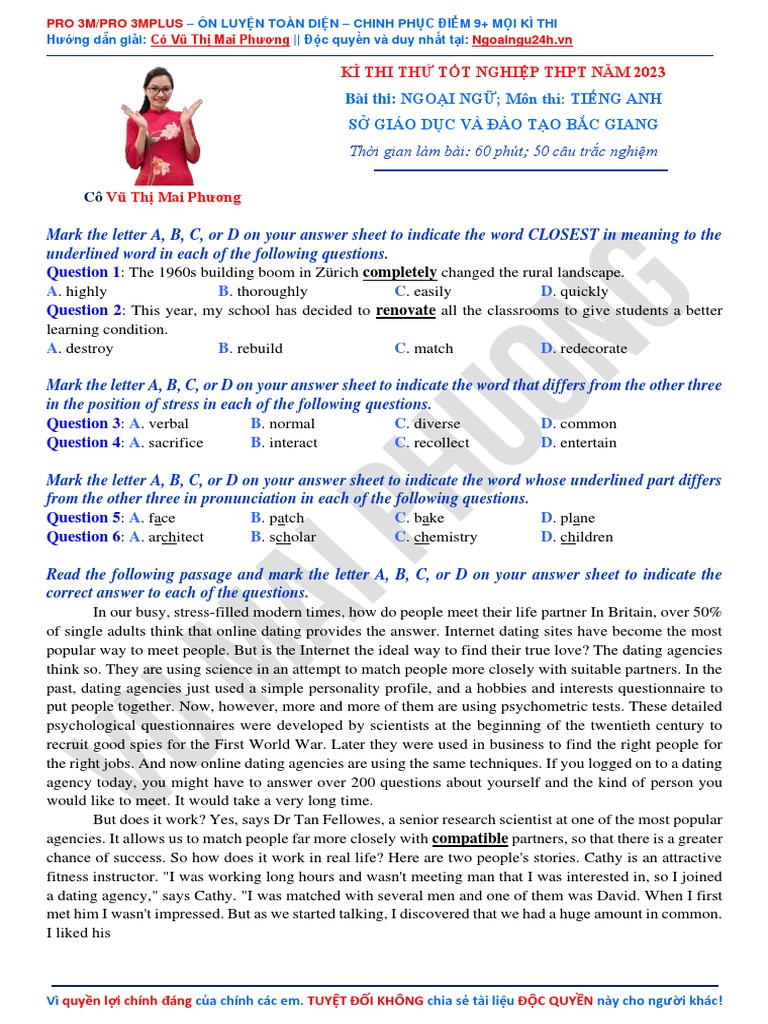 Kì Thi Thử Tốt Nghiệp Thpt Năm 2023: A B C D | PDF | Language Education | Body Language