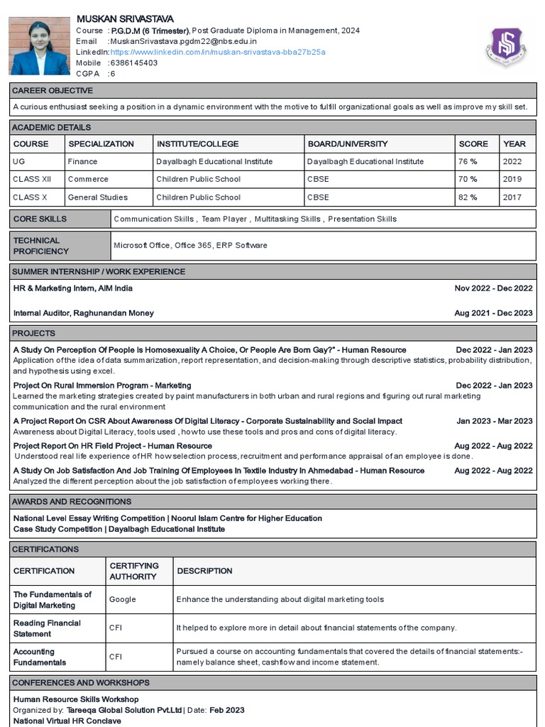 Resume MUSKAN SRIVASTAVA For MUSKAN SRIVASTAVA | PDF | Human Resource ...