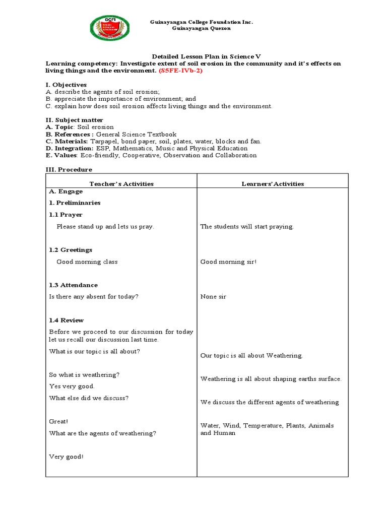 Soil Erosion Lesson Plan for Grade 5 | PDF | Erosion | Soil