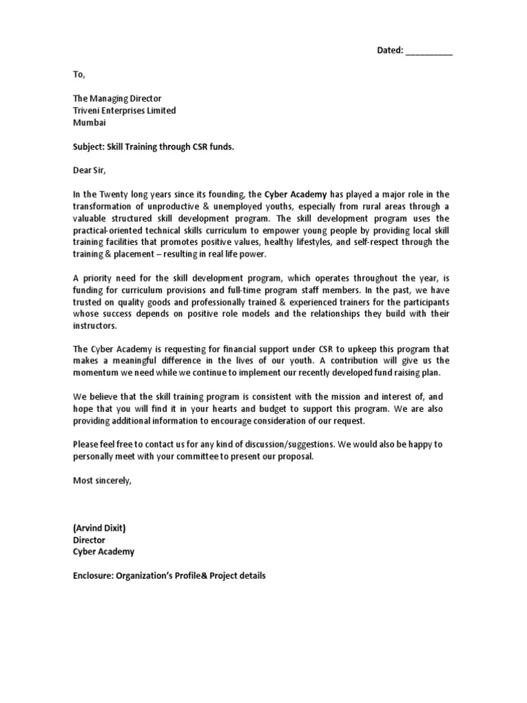 CSR Project Letter | PDF | Employment | Learning