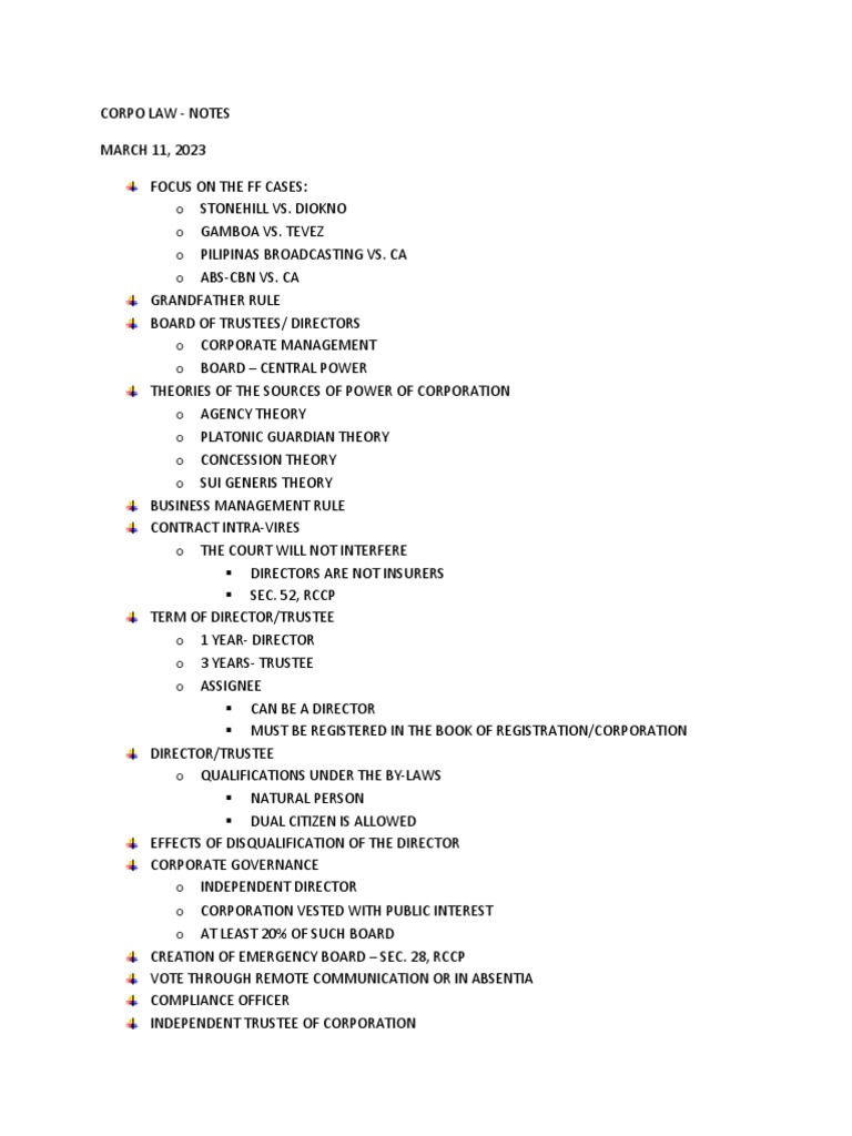 Corpo Law Notes Mar. 11 2023 | Download Free PDF | Board Of Directors ...